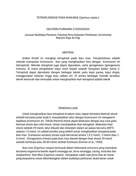 Pdf Tetraploidsasi Pada Ikan Mas Cyprinus Carpio L