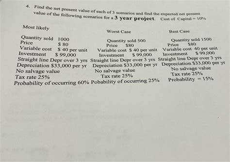 Solved 4 Find The Net Present Value Of Each Of 3 Scenarios Chegg Com