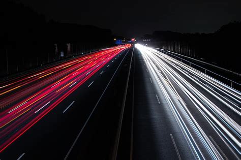 Highway Night Graph Lights Night Lighting Dark Darkness White Red Taillights Spotlight