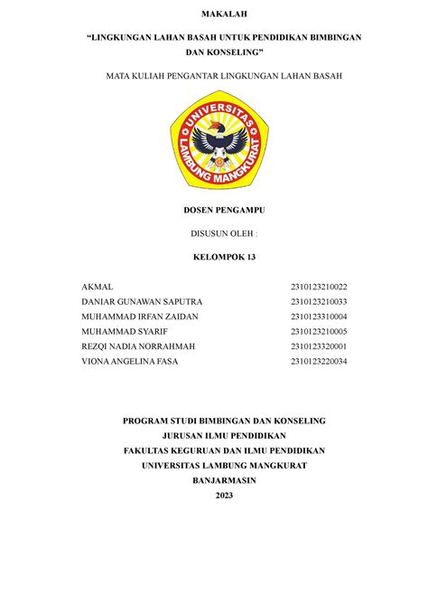 Makalah Lahan Basah Kelompok MAKALAH LINGKUNGAN LAHAN BASAH UNTUK PENDIDIKAN BIMBINGAN DAN