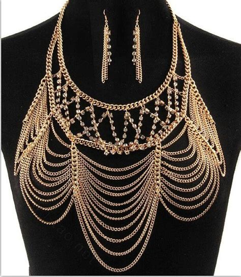 2982 Multilayer Rhinestone Dinner Party Long Tassel Necklace Gold