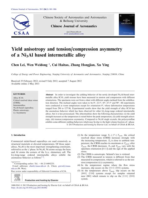 Full Article Yield Anisotropy And Tensioncompression Asymmetry Of A Ni3al Based Intermetallic