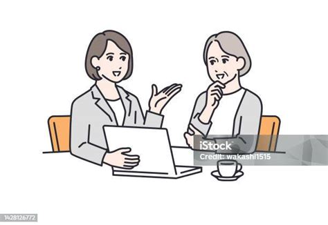 양복을 입은 여성을 상담하는 노인 여성의 벡터 일러스트 레이 션 자료 보험에 대한 스톡 벡터 아트 및 기타 이미지 보험