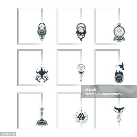 바이킹 상징 및 룬 컬렉션 켈트족 기호가 있는 9개의 직사각형 프레임에는 토르의 망치 베그비시르 트리케트라 발크누트 펜리르 까마귀가 있습니다 인사말 카드와 초대장에 대한