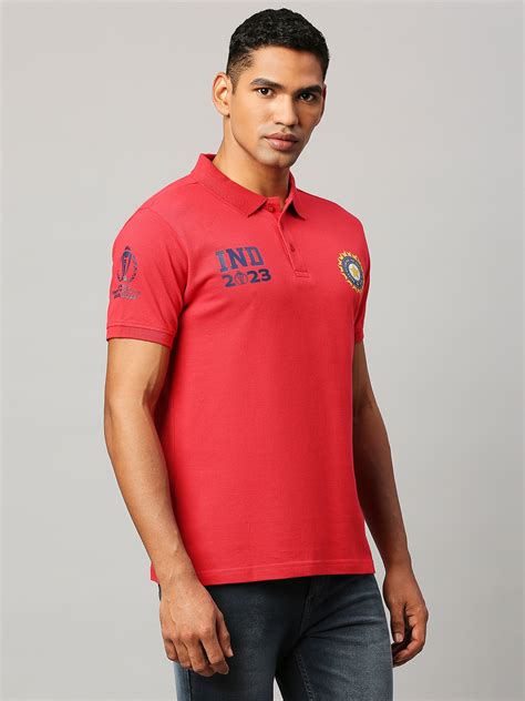 Buy Official Icc Cwc 23 Men Red Solid Short Sleeves Polo Collar T Shirt