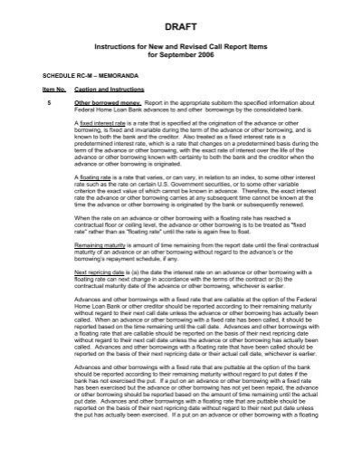 Draft Instructions For New And Revised Call Report Items For Ffiec