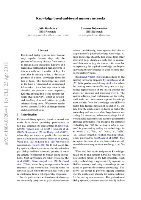 Pdf Knowledge Based End To End Memory Networks