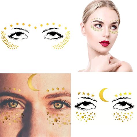 Gold Metallic Face Temporary Tattoos 7 Sheets Freckle Stickers For
