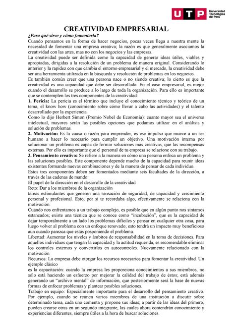 Lectura creatividad empresarial CREATIVIDAD EMPRESARIAL Para qué