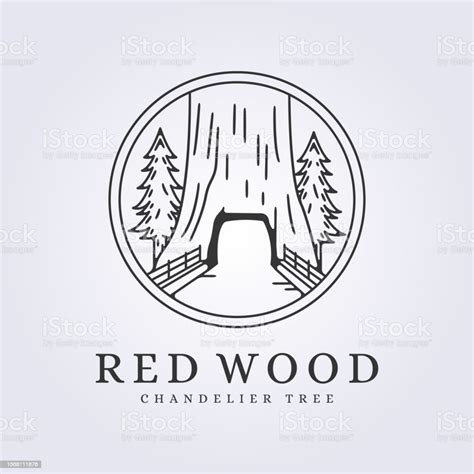 배지 라인 아트 샹들리에 나무 로고 레드 우드 아이코닉 심볼 벡터 일러스트레이션 디자인 레드우드 숲에 대한 스톡 벡터 아트 및