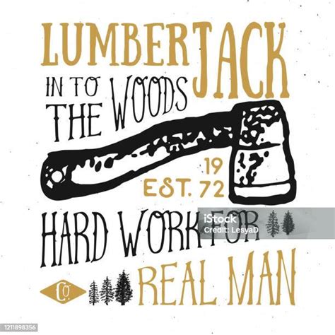 도끼와 나무와 목재 잭 빈티지 라벨 손으로 그린 그런 지 빈티지 라벨 복고풍 배지 디자인 벡터 일러스트 T 셔츠에 대한 스톡 벡터 아트 및 기타 이미지 Istock