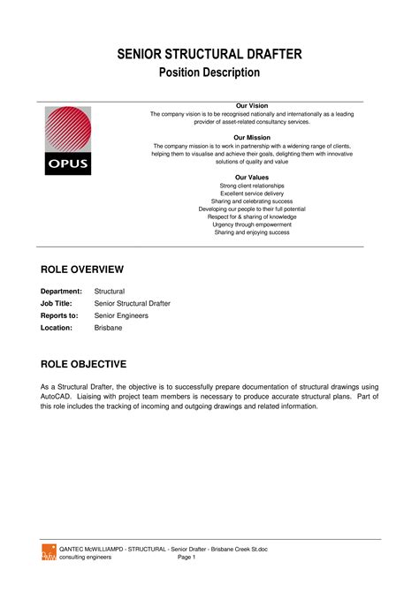 免费 Structural Drafter Job Description 样本文件在
