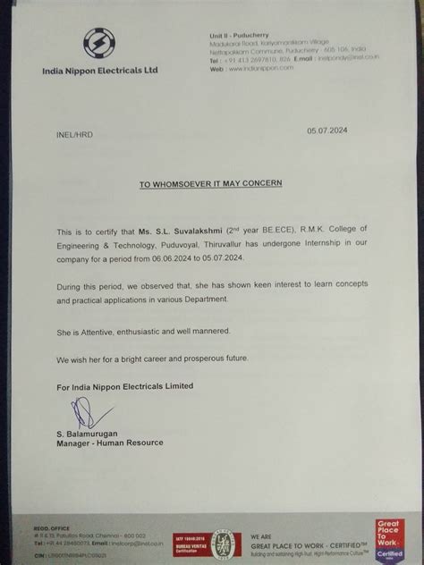 Suvalakshmi S L On Linkedin Internship Completed Inel Engineeringexperience Manufacturing