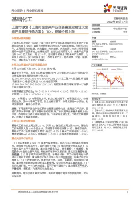 基础化工行业研究周报：上海市印发《 上海打造未来产业创新高地发展壮大未来产业集群行动方案》，tdi、烧碱价格上涨