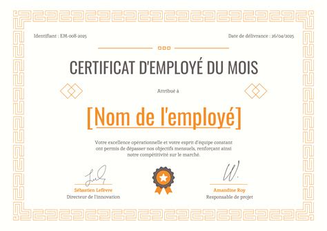 Modèle de certificat employé du mois formel et élégant