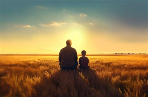 Un Hombre Y Su Hijo Se Sientan En Un Campo Mirando El Sol Foto Premium