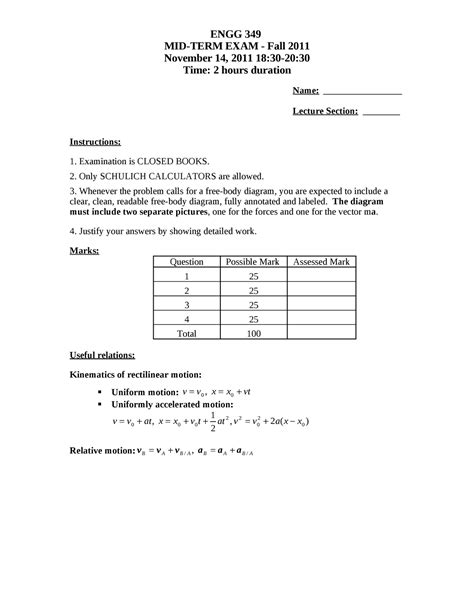 Fall 2011 Midterm Engg 349 Mid Term Exam Fall 2011 November 14