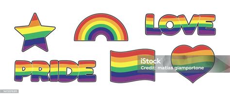 무지개 색상의 깃발 별 하트 모양이 있는 Lgbtq 커뮤니티 스티커 세트 프라이드의 달 기호와 슬로건 게이 퍼레이드 아이콘입니다