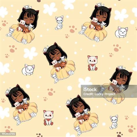 귀여운 만화 애니메이션 흑인 소녀 와 작은 새끼 고양이 완벽 한 패턴 노란색 배경 티셔츠에 대 한 벡터 일러스트 프린트 T 셔츠에 대한 스톡 벡터 아트 및 기타 이미지