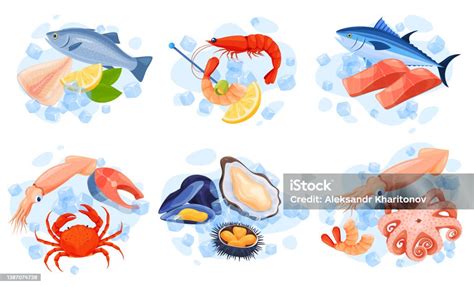 아이스 큐브 레몬 허브 민트 벡터 플랫으로 제공 맛있는 해산물 제품 컬렉션 해산물에 대한 스톡 벡터 아트 및 기타 이미지 해산물 물고기잡이 벡터 Istock
