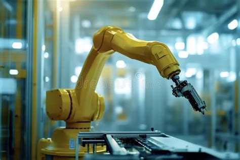 Yellow Industrial Robot Working On Assembly Line In Factory Stock Illustration Illustration Of