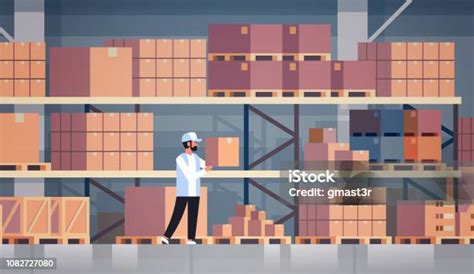 상점 창 고 작업자 골 판지 상자에 두고 선반 남자 택배 수집 소포 창 고 내부 남성 만화 캐릭터 전체 길이 평면 수평 창고 작업자에 대한 스톡 벡터 아트 및 기타 이미지