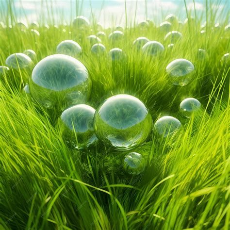 Premium Photo A Green Grass With Clear Bubbles In It