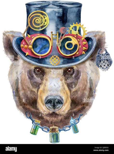 Bear Portrait In Steampunk Hat With Goggles Watercolor Brown Bear