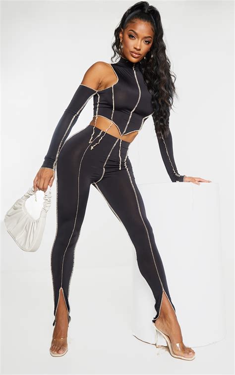 Shape Black Slinky Stitch Split Front Leggings Prettylittlething Usa