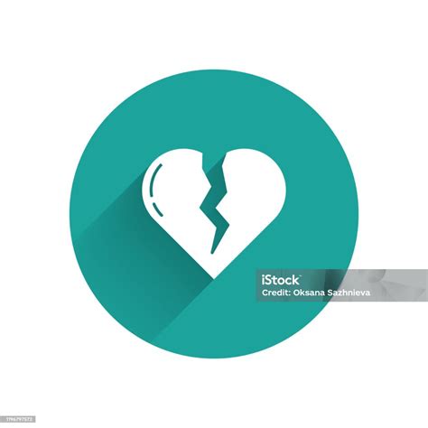 긴 그림자로 고립 된 흰색 깨진 마음 이나 이혼 아이콘입니다 사랑의 상징 발렌타인 녹색 원 버튼입니다 벡터 일러스트레이션 감정에