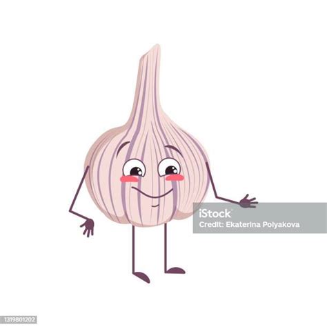 기쁨 감정 웃는 얼굴 행복한 눈 팔과 다리를 가진 귀여운 마늘 캐릭터 눈을 가진 장난 스러운 비타민 야채 영웅 가공의 인물에