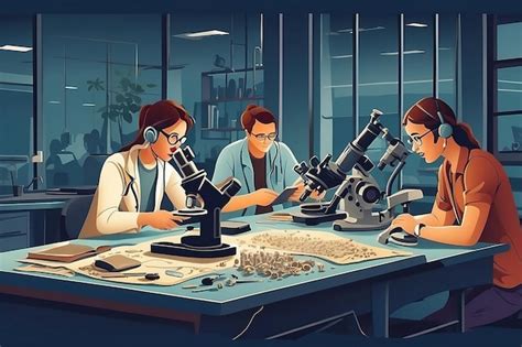 Criar uma imagem de estilo plano de alunos explorando o mundo microscópico usando microscópios
