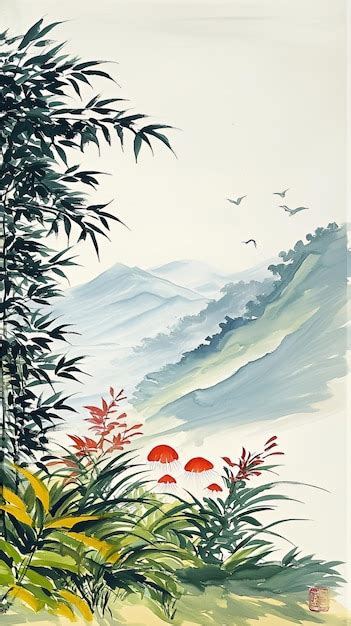 Traditional Chinese Watercolor Painting Of Mountains And Bamboo