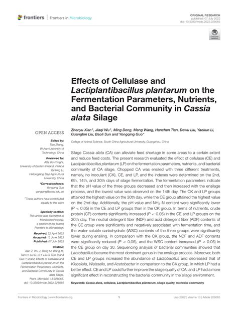 Pdf Effects Of Cellulase And Lactiplantibacillus Plantarum On The Fermentation Parameters