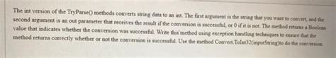 Solved The Int Version Of The Tryparse Methods Converts
