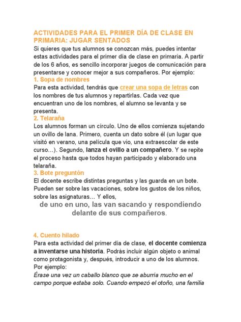 Actividades Para El Primer Día De Clase En Primaria Pdf