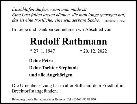 Traueranzeigen Von Rudolf Rathmann Trauer Anzeigen De