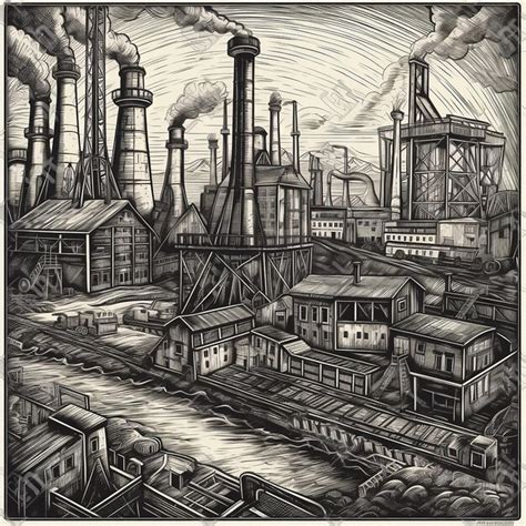 Fábrica De Fundo Industrial Com Edifícios De Tubos E Torres Gravura De
