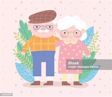 행복한 조부모의 날 안경을 쓴 늙은 부부와 자연 캐릭터 만화 카드 나뭇잎 9월에 대한 스톡 벡터 아트 및 기타 이미지 9월