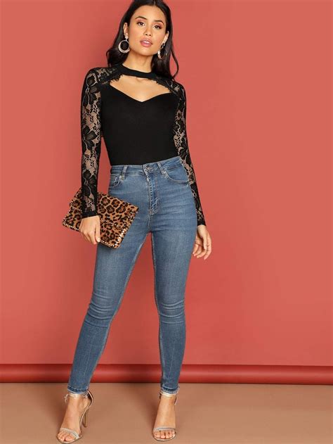 Didk Damen Elegant Langarm Body Mit Spitze Ärmeln Und Schleife Bodysuit