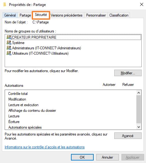 prise en main des permissions ntfs et de partage windows