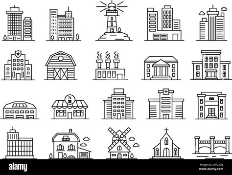 Building Line Icons Government House Factory City Office Buildings Residential And