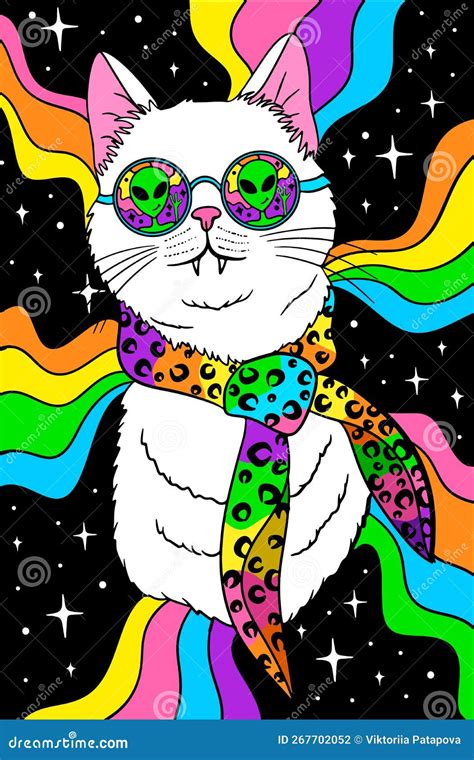 Psychedelic Groovy White Cat In Sunglasses Space Retro Trip Stock