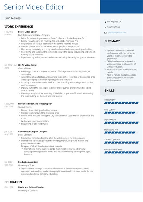 Video Editor Resume Samples And Templates Visualcv