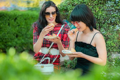 두 명의 젊은 여자 친구가 공원에 앉아 길거리 음식을 먹는다 25 29세에 대한 스톡 사진 및 기타 이미지 25 29세 2명 건강에 좋지 않은 음식 Istock