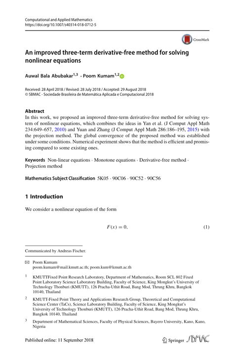 Pdf An Improved Three Term Derivative Free Method For Solving Nonlinear Equations