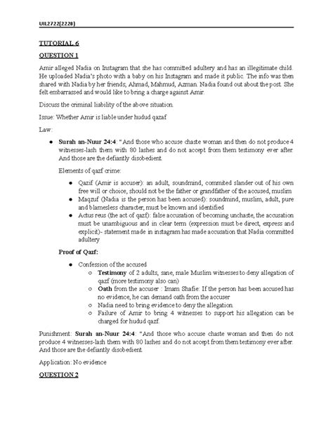 Tutorial 6 UIL2722 2220 TUTORIAL 6 QUESTION 1 Amir Alleged Nadia On