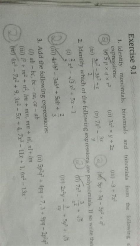 Exercise 9 1 1 Identify Monomials Binomials And Trinomials From The Fol