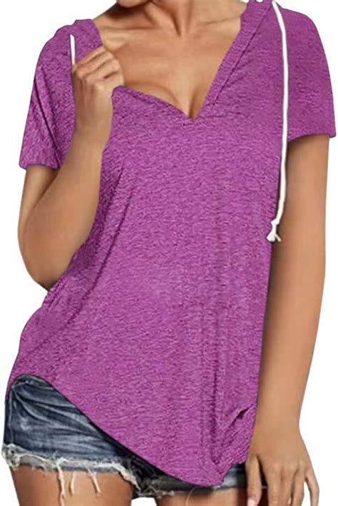 T Shirt Damen Kurzarm Mit Kapuze Sommer Sexy V Ausschnitt Casual T Shirt Locker Atmungsaktiv