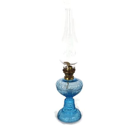 Blue Glass Ornate Oil Kerosine Lamp With Chimnee Antique 1900s